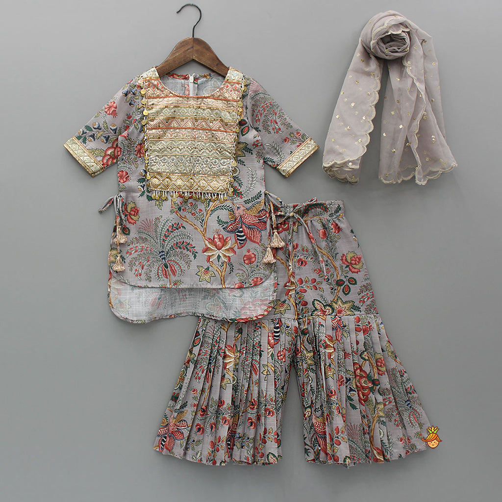 Pre Order: Intricate Yoke Embroidered Grey Floral Printed Kurti And Pl