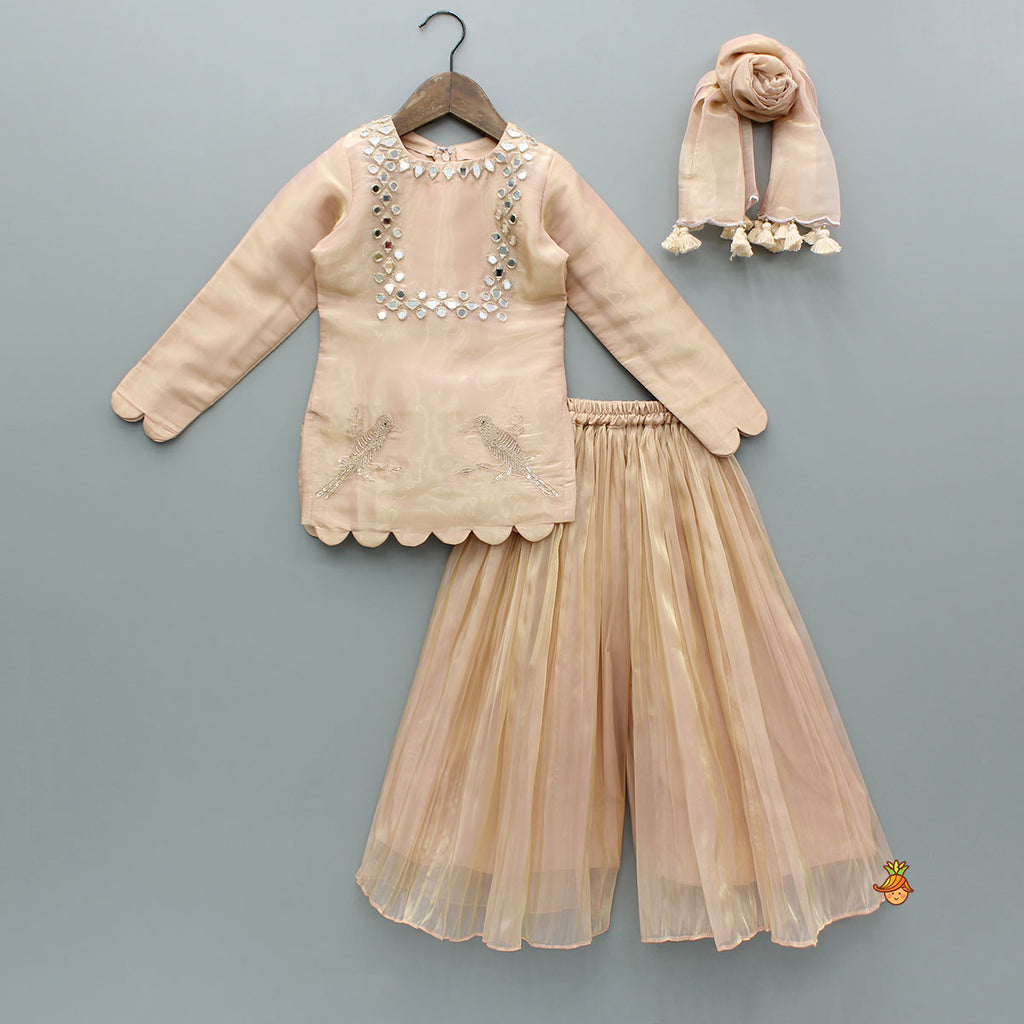 Pre Order: Yoke Mirror Work Peach Tissue Kurti And Flared Pleated Pala