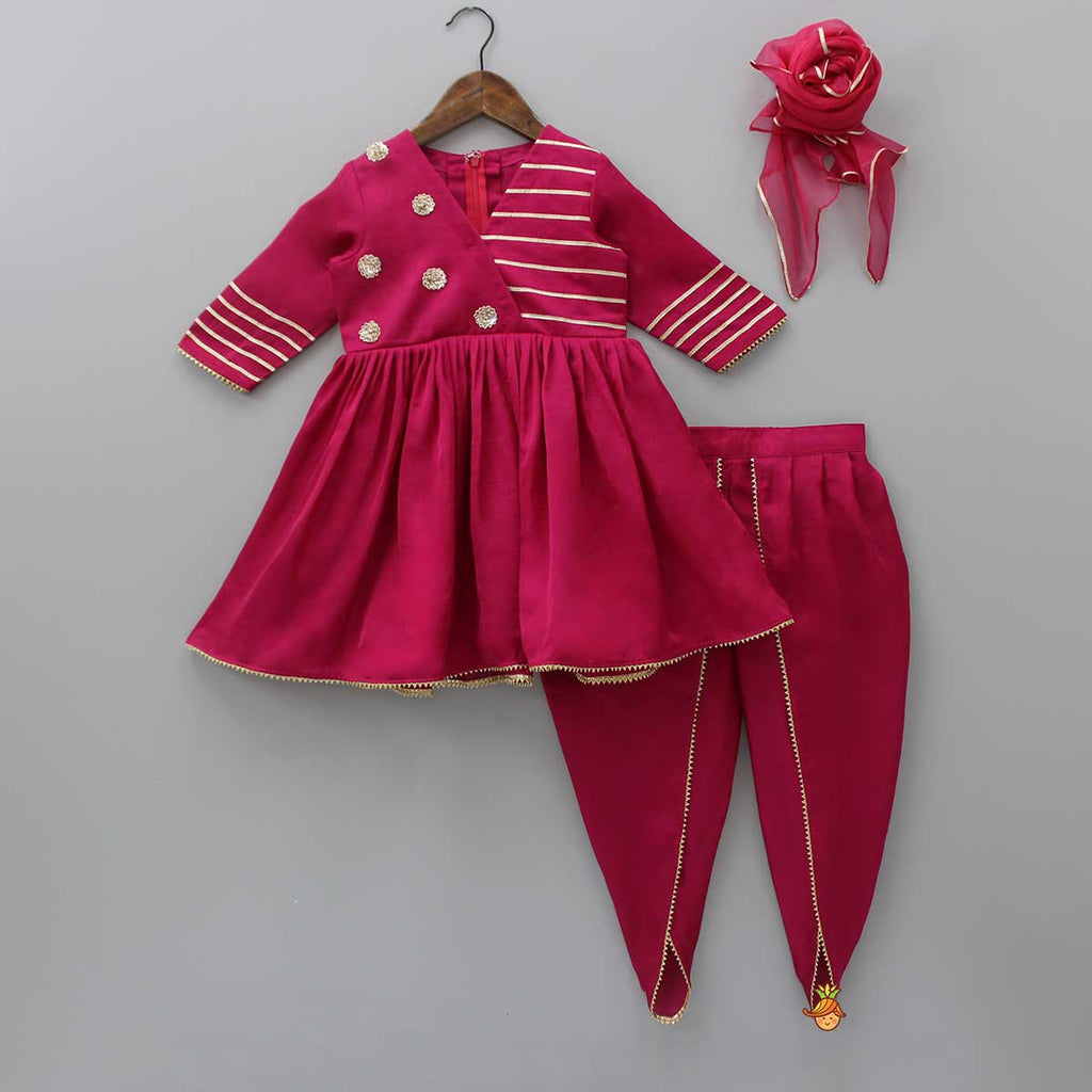 Pre Order: Gota Lacework Detail Pink Kurti And Tulip Dhoti With Matchi