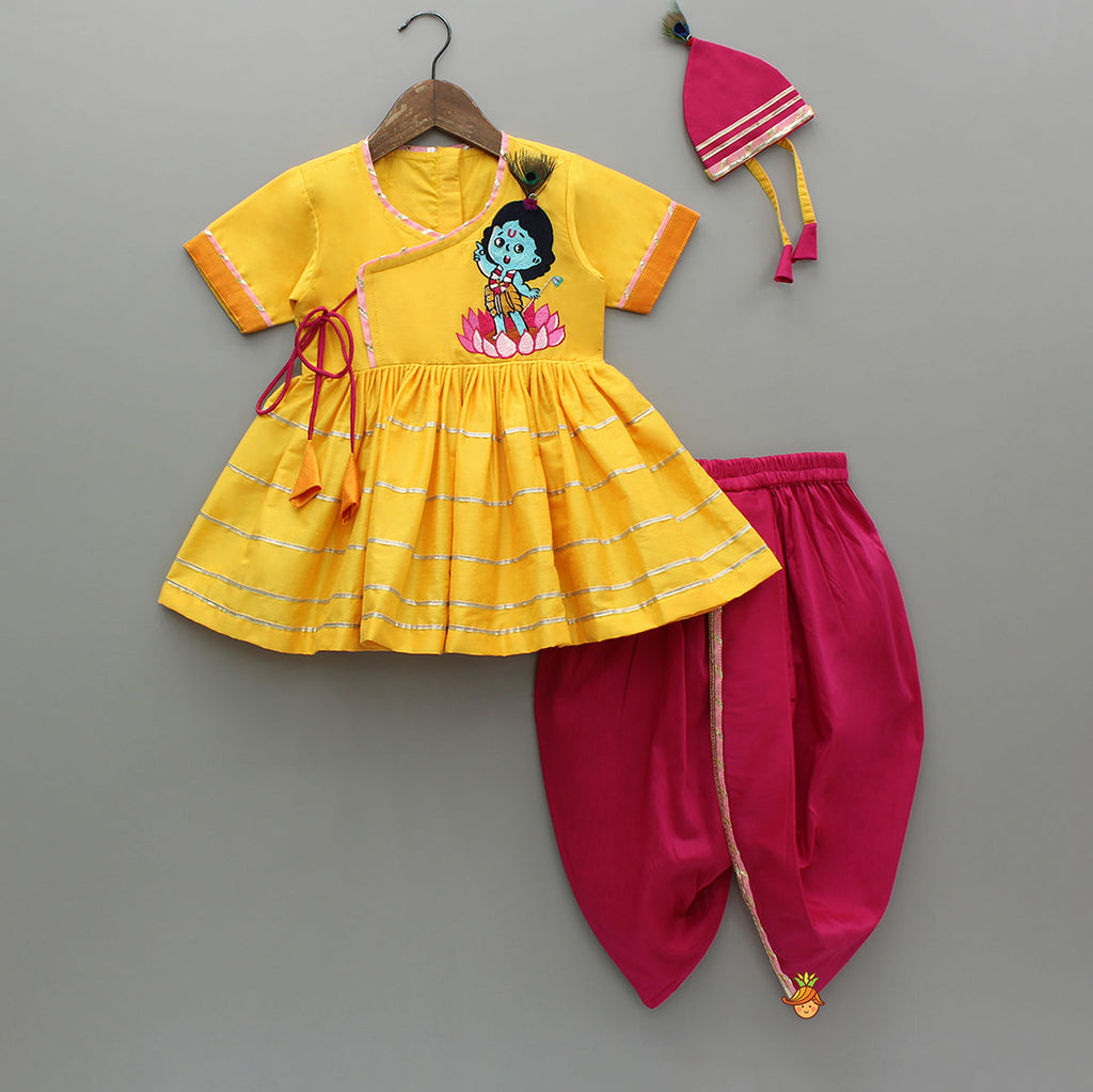 Pre Order: Krishna Embroidered Yellow Angarkha Top With Lace Work Pink