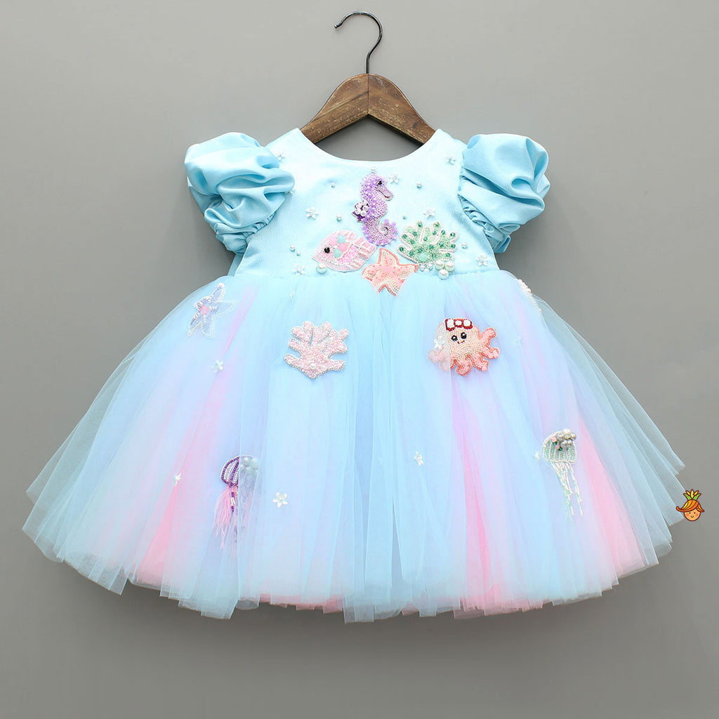 Pre Order: Blue And Pink Satin Dress With Sea Creature Embroidery