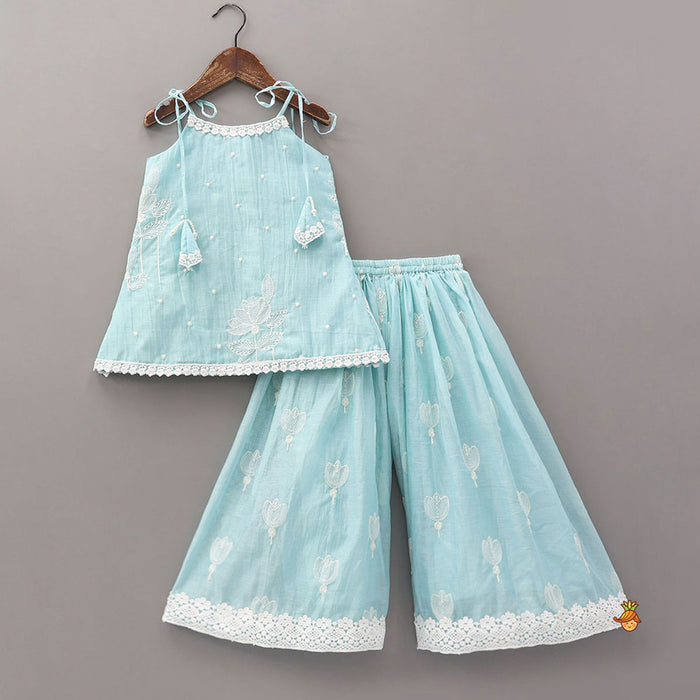 Pre Order: Floral Thread Embroidered Tie-Up Strap Kurti With Palazzo
