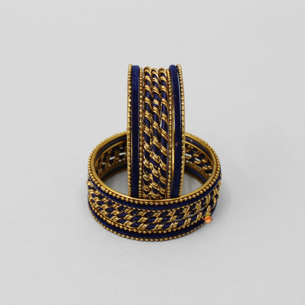 Navy Blue Thread Work Velvet Bangles - Set Of 18